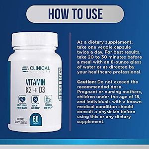 Clinical Effects Vitamin K2 + D3 - K2 + D3 Vitamin Supplement with Bioperine Black Pepper Extract and Calcium for Bone and Heart Health Support - 60 Capsules - Max Absorption - Made in The USA