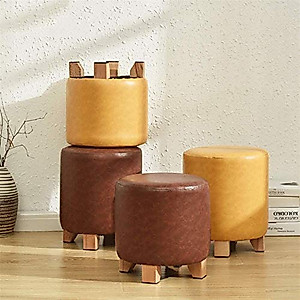 LUNEZY Footstools, Pouffe Stool, Round Chest Padded Footstool PU Leather Pouffe Chair Bed End Bench Shoe Bench Milking Stool Small Foot Rest Stool Low Stools (Color : Beige, Size : 29×35)