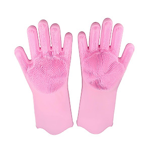7Penn Reusable Dishwashing Gloves with Scrubber Bristles, Pink - Silicone Scrub Dish Cleaning Gloves for Men and Women