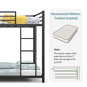 KOMFOTT Metal Low Bunk Bed Twin Over Twin, Heavy Duty Bunk Bed Frame with Ladder & Full-Length Guardrails, Metal Slatted Floor Bed Frame for Teens & Adults, No Box Spring Needed (Black)