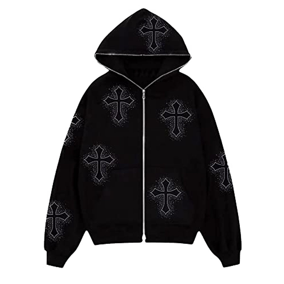 Easyoyo Men Women Skeleton Gothic Diamond Glitter Y2K E-Girl Oversize Full Zipper Hooded Sweatshirt Jacket