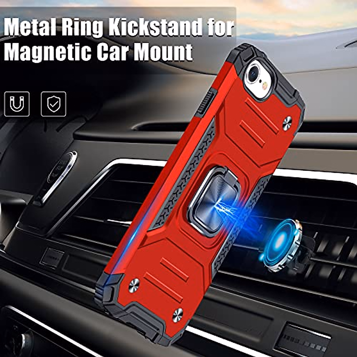 JAME Case for iPhone SE 2022/2020/8/7 Case with Screen Protectors 2Pcs, Military-Grade Drop Protection, Shockproof Protective Phone Cases, with Car Mount Ring Kickstand Case for iPhone SE 2020/8/7 Red