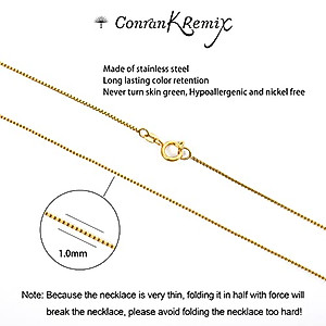 CONRAN KREMIX Thin Gold Chain Necklace For Women Men 1.0mm Width Box Chain Necklace Stainless Steel 18K Real Gold Plated Necklace 16 Inch