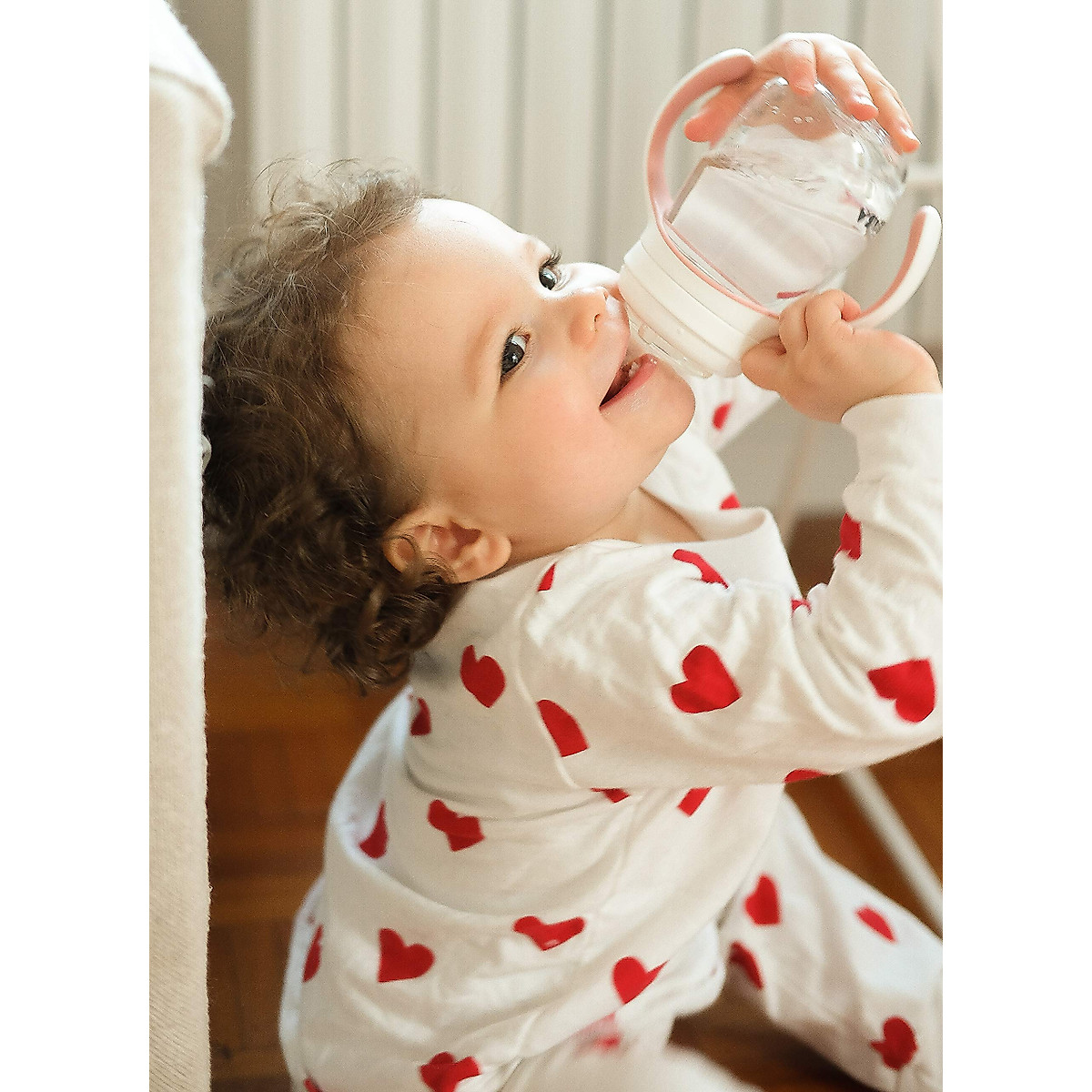 BEABA 2-in-1 Baby Bottle to Transition Sippy Cup, No Spill Sippy Cup, Includes Removable Handles, Silicone Baby Bottle Nipple and Soft Spout, 7 oz (Rose)