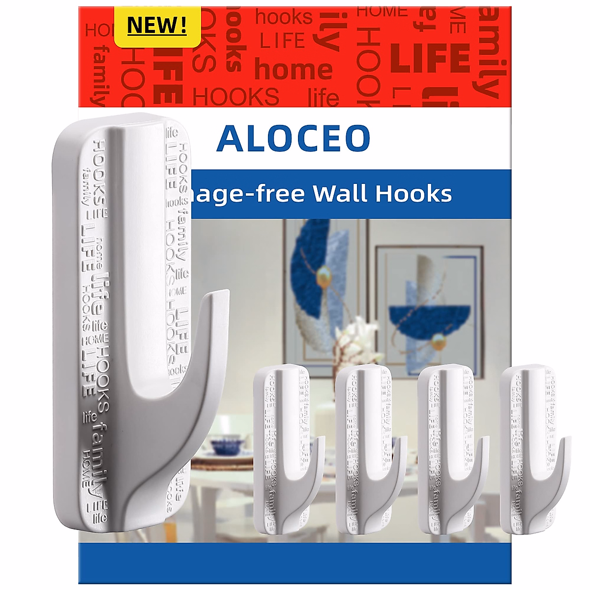 ALOCEO Wall Sticky Hooks for Hanging Shower Hooks for Bathroom Kitchen Office Closet, 5 Pack 6 Adhesive Strips, White