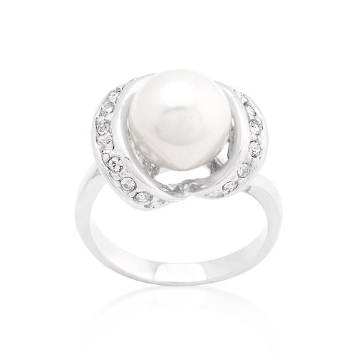 Kate Bissett Rhodium Plated Pearl Ring with Round Cut Clear CZ Surrounding a Large Pearl Center stone Size 6