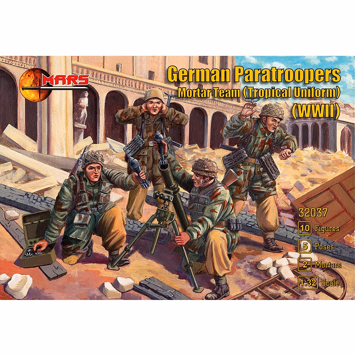 Mars Figures 32037-1/32 German Paratrooper Mortar Team (Tropical Uniform) WWII