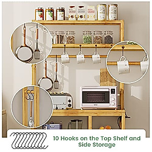 FORABAMB Bakers Rack with Power Outlets, 8-Tier Microwave Stand, Kitchen Utility Storage Shelf 10 S-Shaped Hooks, Coffee Bar Table Station, Standing Rack, 31.5 x 15.7 x 65 Inches, Bamboo