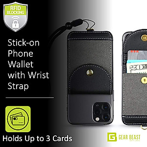 Cell Phone Wallet for Back of Phone with Wrist Strap, Stick On Wallet Credit Card ID Holder with RFID Protection Compatible with iPhone, Galaxy & Most Smartphones and Cases