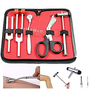 Premium Student Diagnostic Kit- Reflex Hammer & Tuning Fork Set C 128 And C 512 + Wartenberg Pinwheel Premium Steel Bandage Scissor 7.5” (Set Of 5 Buck Reflex Hammer Black Scissor)