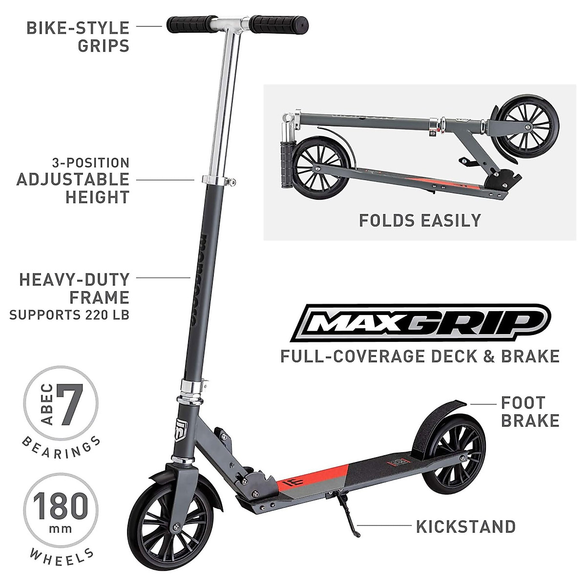 Mongoose Trace Youth/Adult Kick Scooter Folding and Non-Folding Design, Regular, Lighted, and Air Filled Wheels, Multiple Colors, Grey/Red , 180mm Wheels