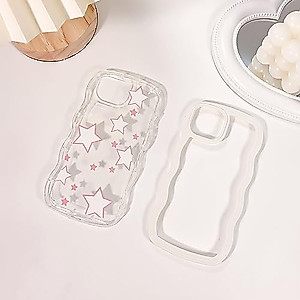 NITITOP Compatible for iPhone 13/ iPhone 14 Case Cute Pink Stars Curly Wave Frame Shape Shockproof Soft TPU 2 in 1 Phone Cover for Women Girl-White Pink Star