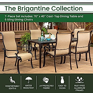 Hanover Brigatine 7-Piece Modern Patio Dining Set with 6 Quick-Dry Tan Sling Chairs and 40"x70" Square Cast-Top Table, All-Weather Outdoor Furniture Set for Backyard and Deck