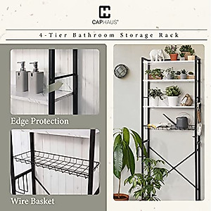 CAPHAUS Over The Toilet Storage, 4-Tier Bathroom Organizer, Freestanding Toilet Shelf, Multifunctional Space Saver Toilet Rack with 4 Hooks, Laundry Organizer, Plant Stand for Balcony (Marble White)