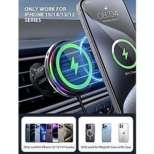 UGDLUCK for Magsafe Car Mount Charger, 15W Magnetic Wireless Car Charger with 8 RGB LED Backlit Magnetic Car Phone Holder Mount for iPhone 15 14 13 12