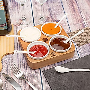 Ceramic Dipping Bowls Set of 4 with Tray and Spoons, Dip Bowls for Side Dishes, Chip and Dip Serving Set for Sauce, Condiment, Dessert, Salsa, Snacks, Acacia Wooden Board With Cocktail Stick Holder