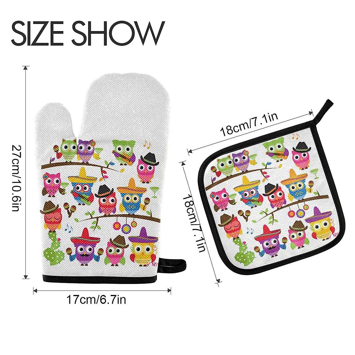 Oven Mitts Set Cinco De Mayo Owl Birds Pot Holders Spring Summer Kitchen Oven Glove Baking Mitts 2PCS Cooking Stove Gloves Potholders Heat Resistance Hot Pads for Grilling BBQ Holiday Decor Gift