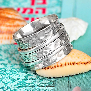 Boho-Magic 925 Sterling Silver Spinner Ring for Women Hammered Wide Fidget Ring Band (8)