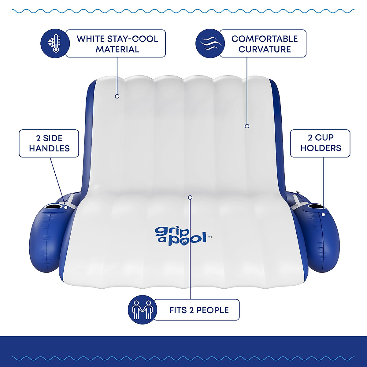 Grip A Pool Inflatable Luxury Chair Recliner Float for 1-2 Adults, Extra Large Heavy Duty Pool Lounge Raft for Floating, Lake, River, Beach