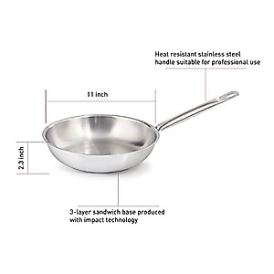 KAPP Frying Pan/Triply Stainless Steel Skillet/Fry Pan with Long and Stay Cool Handle, 11 Inch, Silver