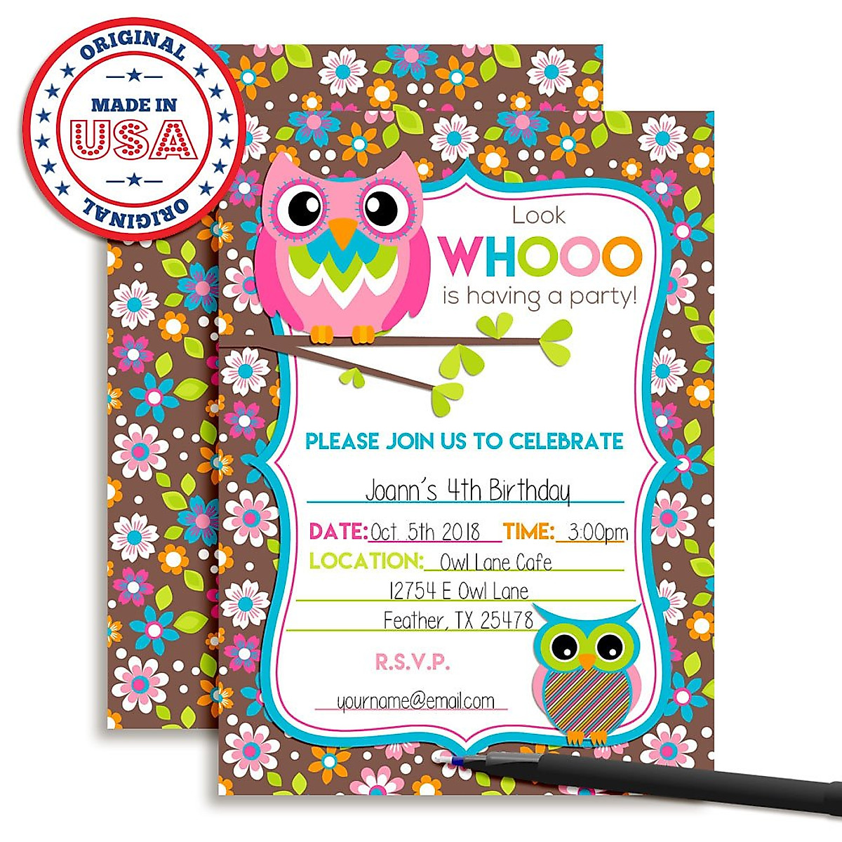 Owl Themed Birthday Party Celebration Invitations 20 5x7 Fill In Cards with Twenty White Envelopes by AmandaCreation Look Whoo is having a birthday!
