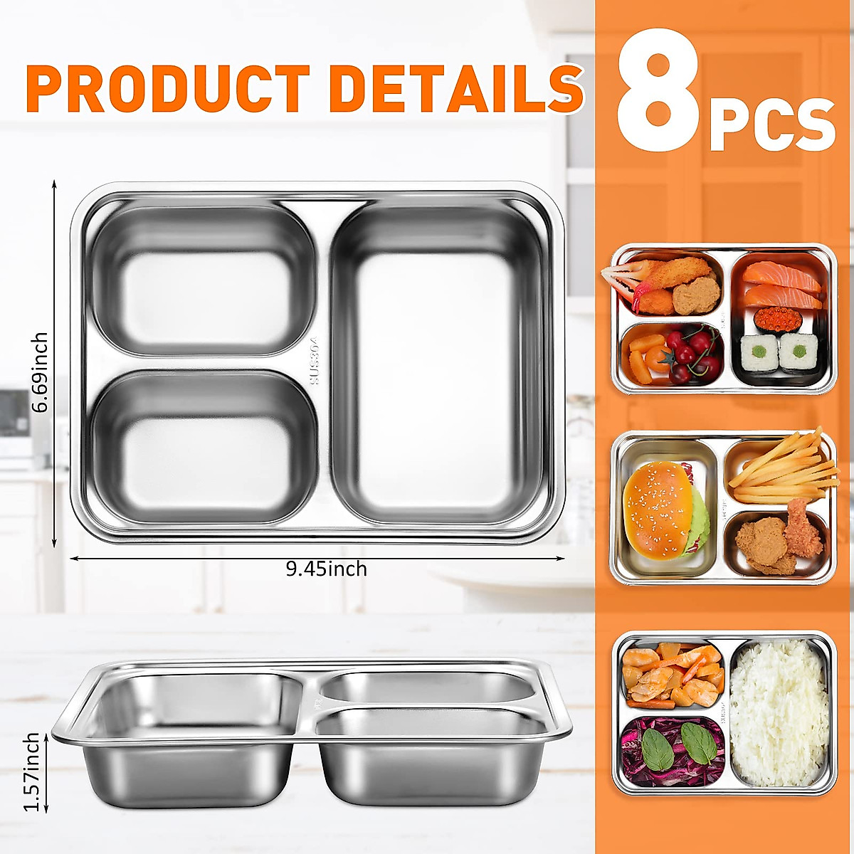 Zopeal 8 Pack 304 Stainless Steel Divided Plates Tray Rectangular Metal Dinner Section Plates for Adults Kids Food Portion Control Camping Lunch(3 Compartment Style)