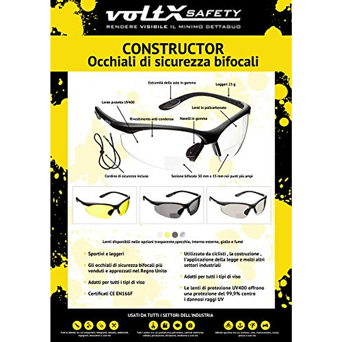 voltX 'CONSTRUCTOR' BIFOCAL Reading Safety Glasses (CLEAR +3.5 Dioptre) ANSI Z87.1+ & CE EN166F, certified/Cycling Sports Glasses includes safety cord + UV400 anti fog coated lens