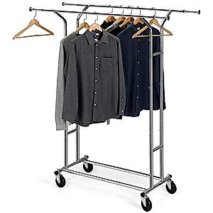 Auledio Clothes Garment Rack, Commercial Grade Clothes Rolling Heavy Duty Storage Organizer on Wheels with Adjustable Clothing Rack , Holds up to 250 lbs, Chrome (Two Heads)