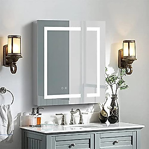 WELLFOR LED Mirrored Medicine Cabinet with Defog Mirror, Dimmer, Outlets & USB Ports, Wall Bathroom Medicine Cabinet, Bathroom Makeup Defog Mirror, Recessed or Surface, Double Opening Doors, 30" X 30"