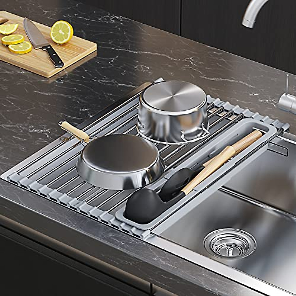 SINOART Over The Sink Dish Drying Rack, Roll Up Dish Drying Rack Kitchen Dish Rack Stainless Steel Sink Drying Rack, Foldable Dish Drainer, Gray(Elongated 13'' x 23'',shorten 13'' x 13''- Expandable)