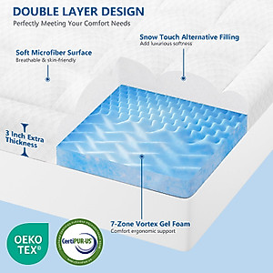 KAYFIA Dual Layer 3 Inch Memory Foam Mattress Topper Full,2 Inch Gel Memory Foam Plus 1 Inch Down Alternative Pillow Top Mattress Topper,with 8-21 Inch Deep Pocket,Support for Back (White, Full)