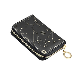 Zodiac Signs Moon Moonlight in Vintage Style on Dark Credit Card Coin wallet, Key Change Organizer Zipper Purse Compact Clutch Pouch Pocket, RFID Blocking Women Leather Card Holder