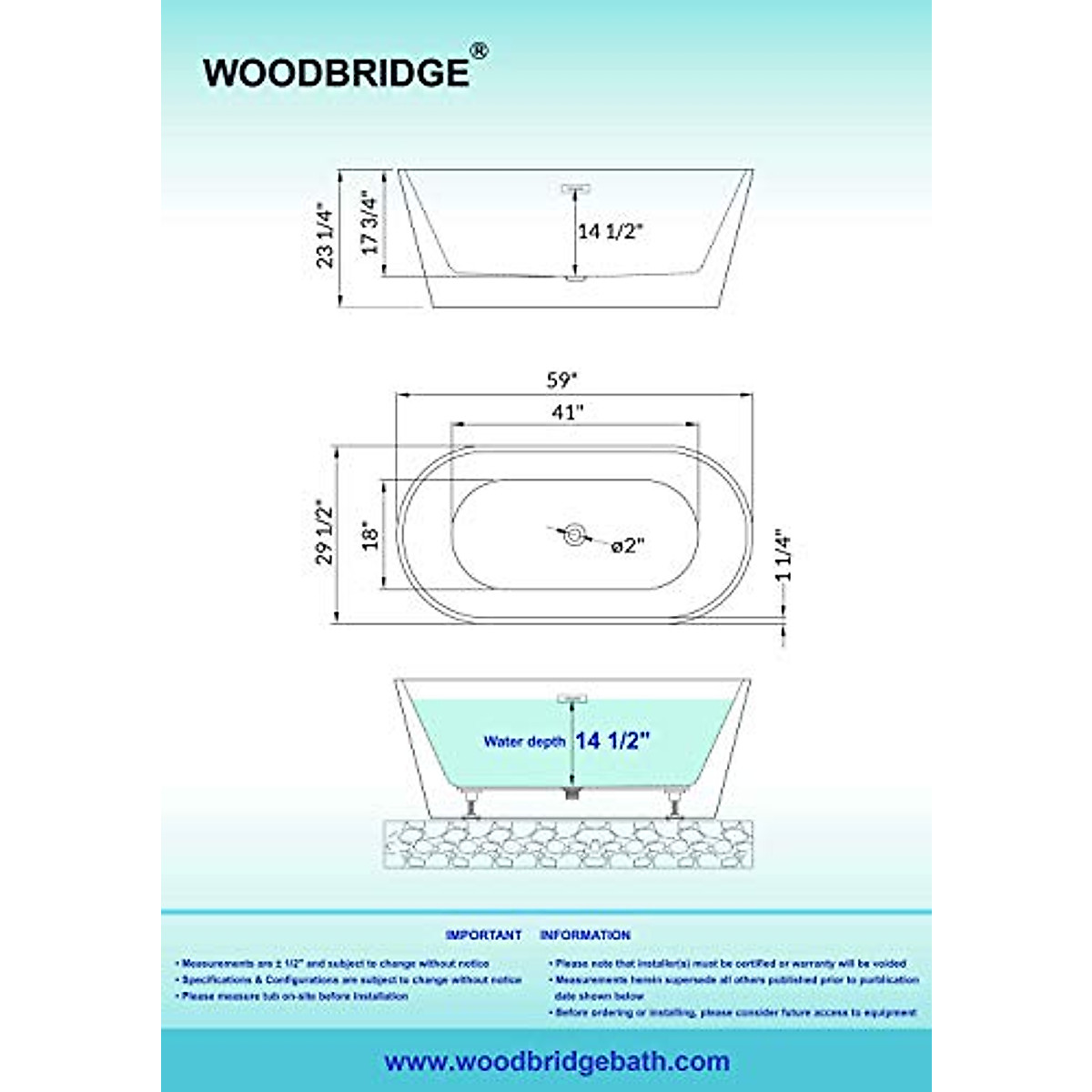 WOODBRIDGE 59" BTA1514-BG-Drain &O+ Pillow Bathtub, Brushed Gold
