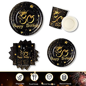 170 Pieces 30th Birthday Party Supplies Disposable Party Dinnerware Set with Plates Napkins Cups Banner 30th Birthday Tablecloth Black and Gold 30th Party Decoration for Men and Women, Serves 24