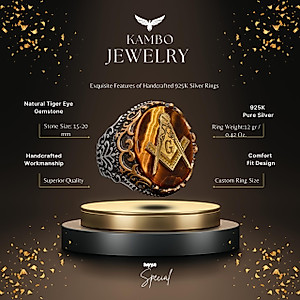 Men's Natural Tiger Eye Masonic Ring, 925 Sterling Silver, Handcrafted with Ornate Design