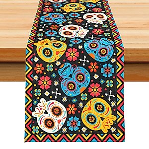 Day of The Dead Table Runner Mexican Skull Table Runner 72 x 13 Inch Halloween Floral Table Runner Dia De Los Muertos Table Runner Fiesta Table Decor for Halloween Decoration Home Kitchen Indoor party