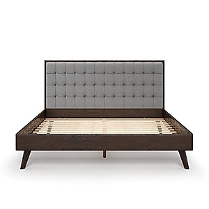 DG Casa Soloman Mid Century Modern Upholstered Platform Bed Frame with Square Button Tufted Headboard and Full Wooden Slats, Box Spring Not Required - King Size in Gray Fabric