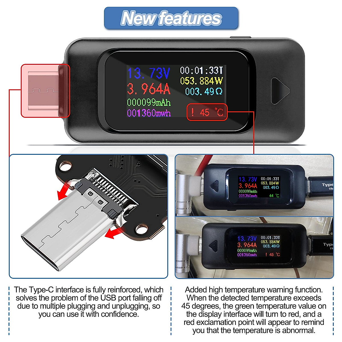 USB Tester Type-C Voltmeter Voltage Current Tester Power Meter Multimeter Ammeter Type C USB Charger Tester Color Display Capacity Voltage Current Detector 0-5A 4-30V