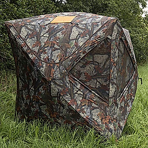 Tag Out Hub Hunting Blind, 3 Person Pop Up Ground Blind, Bloodtrail Woodland Camo and blaze orange safety panels, TA350BT, By Barronett Blinds, 90x90"