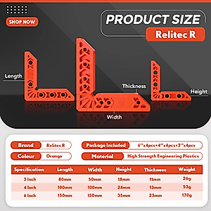 Relitec R 90 Degree Corner Clamp Clamping Square for Woodworking Positioning Squares Right Angle Clamp Tool Wood Clamps for Gluing Cabinets Picture Frames or Drawers, Set of 12（3" 4" 6"）