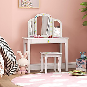 HONEY JOY Kids Vanity Set, Toddler Beauty Makeup Dressing Table w/Stool & Drawer, Tri-Fold Silver Mirror, Detachable Top, Pineapple Theme Wooden Princess Pretend Play Vanity Set for Little Girls