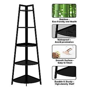 POXAKA Corner Shelf, 5 Tier Bookshelf Open Corner Shelf Stand, 70.8 Inch Tall Bookcase, Modern Bamboo Corner Stand in Living Room, Bathroom, Small Space