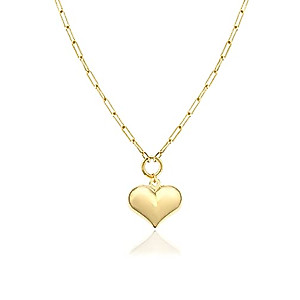 Jewelry Atelier Gold Filled Heart Necklaces – 14K Yellow Gold Filled Hearth Pendant with Solid Clip Chain for Women (Different Sizes and Styles with Extension/Adjustable Chain) (Puffed)