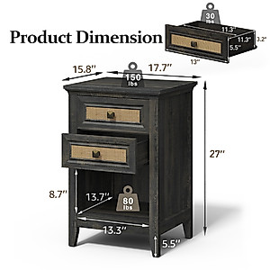 RoyalCraft Nightstand Set of 2, Accent Bedside Table with 2 Rattan Decor Drawers and Large Storage Shelf, Boho Wood End Table Organizer for Bedroom, Living Room, Coffee