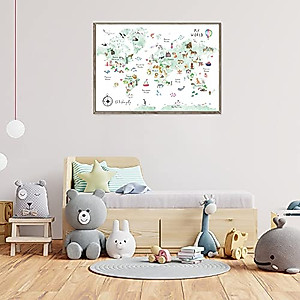 Joocrise Green Kids World Map Wall Art Animal Map Canvas Wall Art Educational Wall Art Nursery Wall Decor World Map Poster Childrens Room Decor Playroom Prints 16x24 Inch Unframed