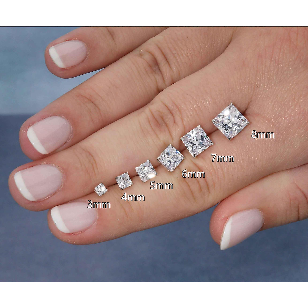 14k Solid Gold PRINCESS Stud Earrings Square Cubic Zirconia Princess-cut CZ Unisex Studs, 14kt White Gold (5mm)