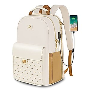 MATEIN Computer Backpack for Women, Large Anti Theft TSA 17 Inch Laptop Backpack with USB Charging Port, Durable Water Resistant Cute College Backpack Casual Daypack Purse for Work Travel, Beige