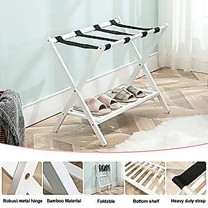 Zoopolyn Luggage Rack with Storage Shelf for Guest Room Folding Suitcase Bamboo Stand Hotel Bedroom White