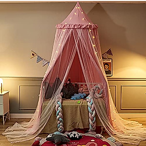Mengersi Bed Canopy for Girls with Stars String Lights,Double Sheer Mesh Lightproof Canopy Bed Curtains Bed Netting-Extra Large for Twin Full Queen King Bed,Castle Play Tent Hanging House Décor