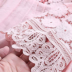 Aniywn Women Round Neck Lace Up Lace Patchwork Flare Pullover Top Casual Plus Size 3/4 Sleeve Floral Printed T-Shirt Pink